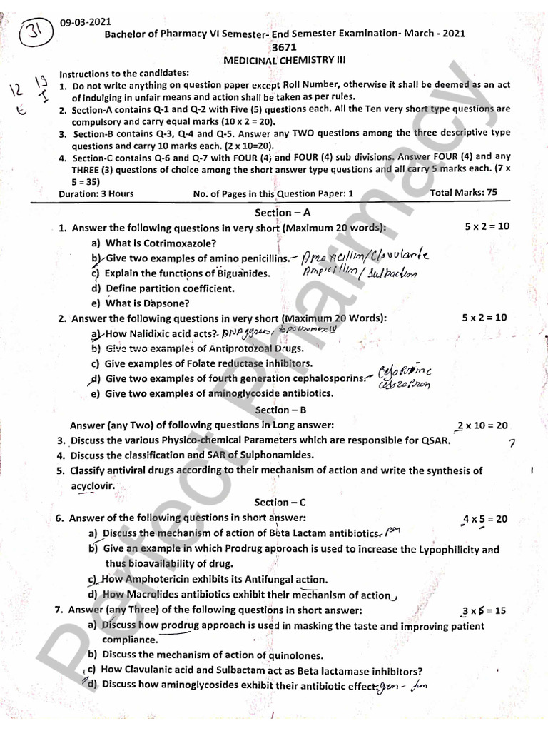 B pharma 6th sem previous year question paper | PDF