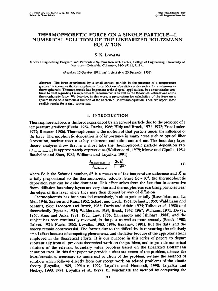 Thermophoretic Force On A Single Particle | PDF | Gases | Force