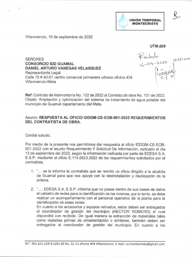 Oficio Utm.009 Recibido Respuesta Al Oficio Iddgm-Ce-Eob-001-2022 Requerimientos Del Contratista ...