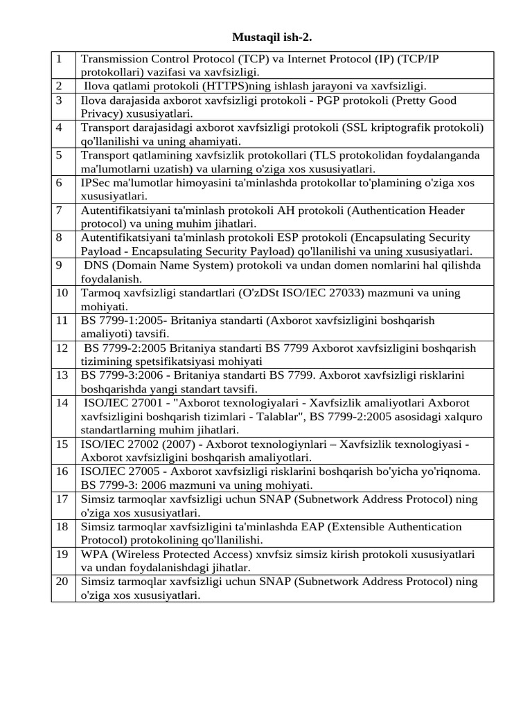 Mustaqil Ish Mavzulari-2 | PDF