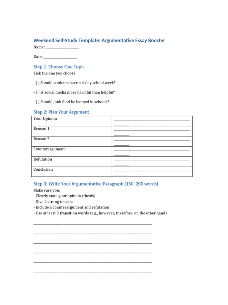 Argumentative - Essay - Self - Study - Template 4 | PDF | Essays