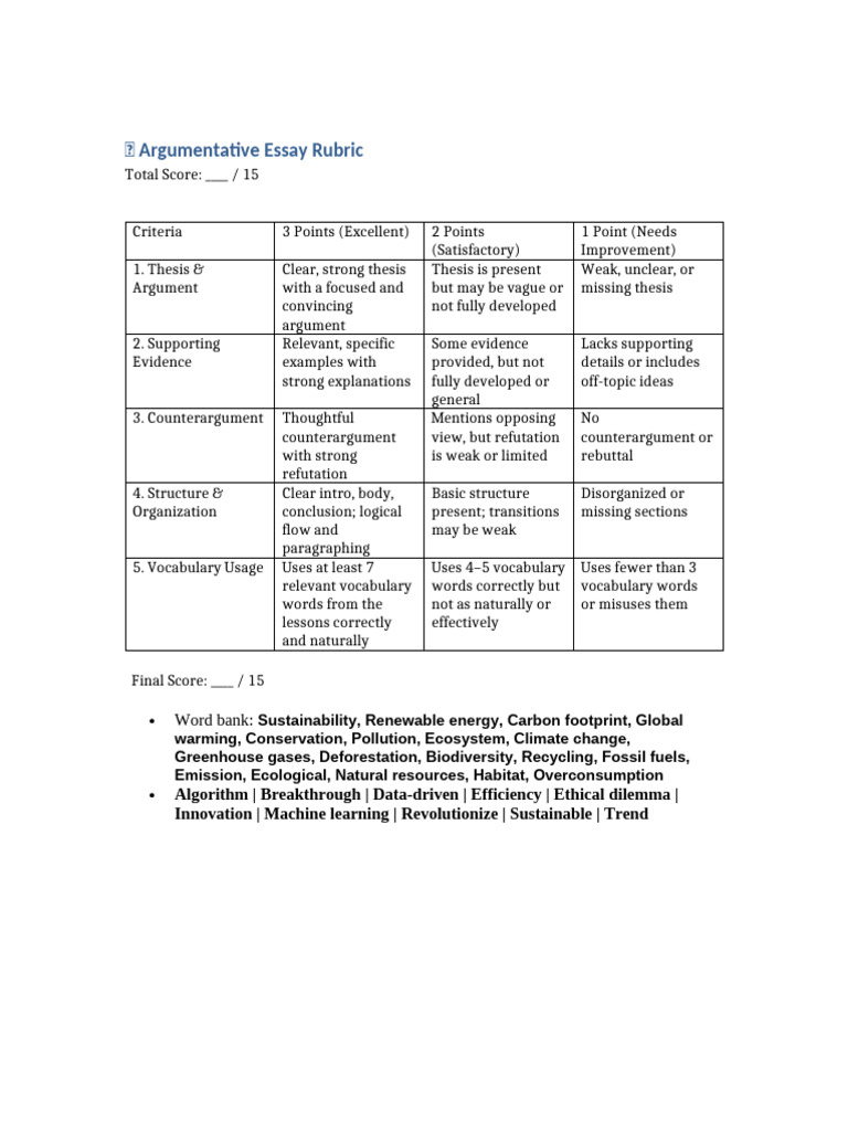 Argumentative - Essay - Rubric. Grade 9 | PDF