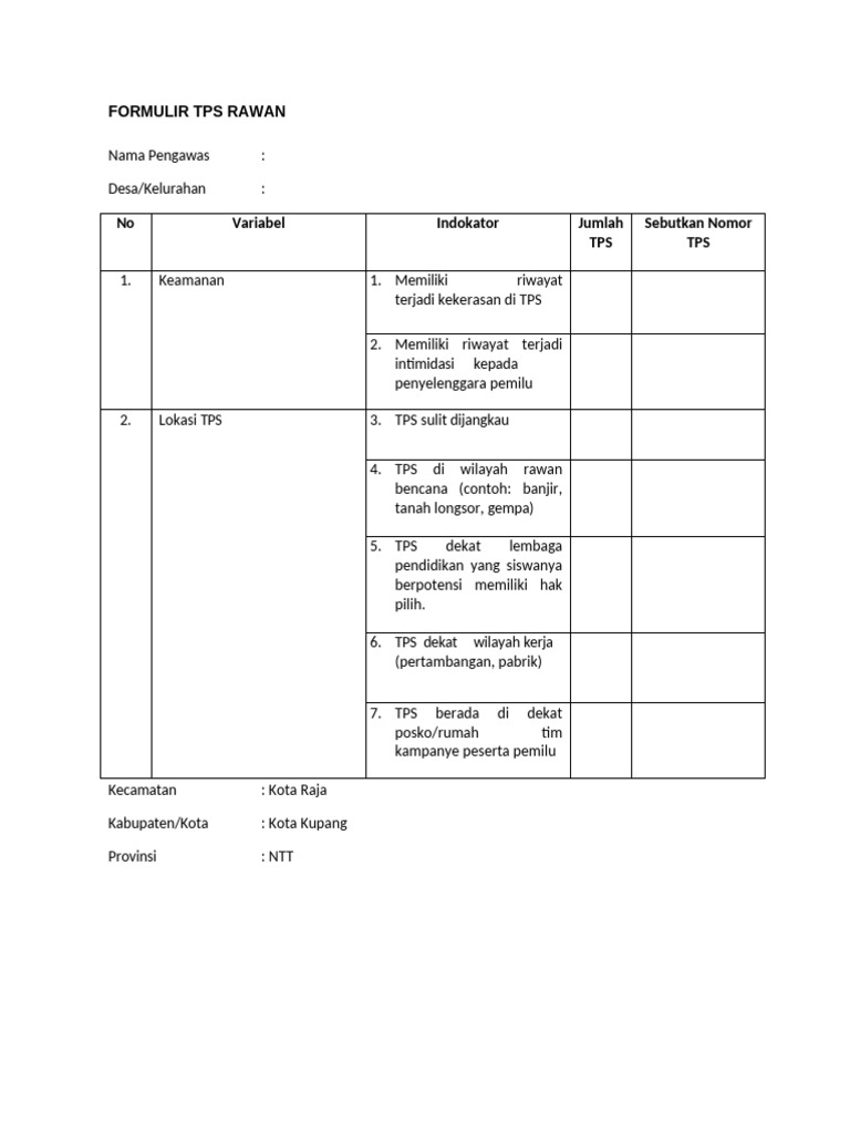 FORMULIR TPS RAWAN | PDF