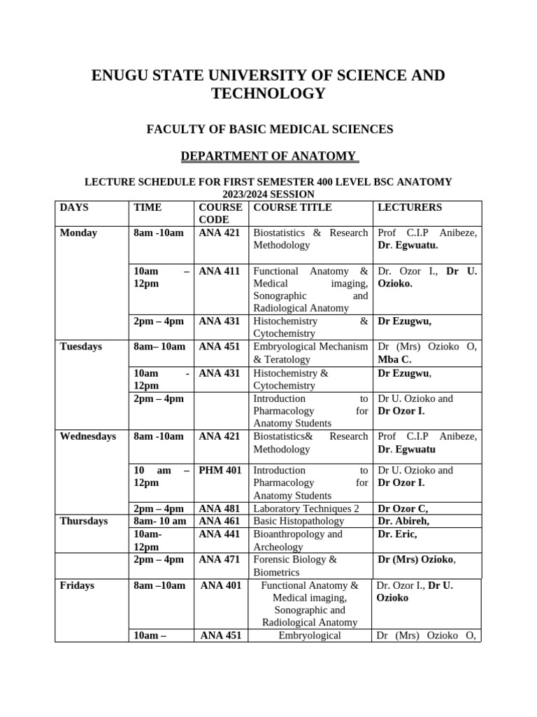 400 Level Anatomy Lecture Schedule 2023 | PDF | Life Sciences | Health ...