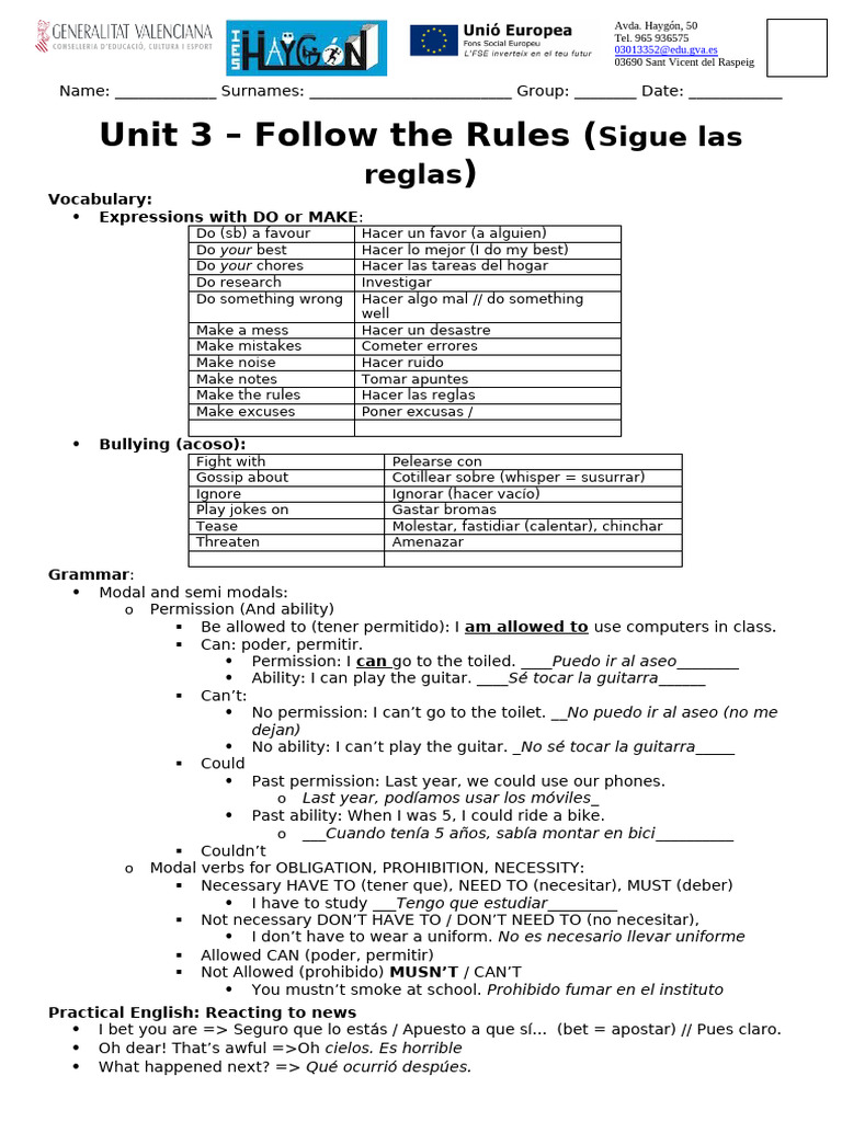 Unidad 3: Siguiendo Reglas y Vocabulario | PDF