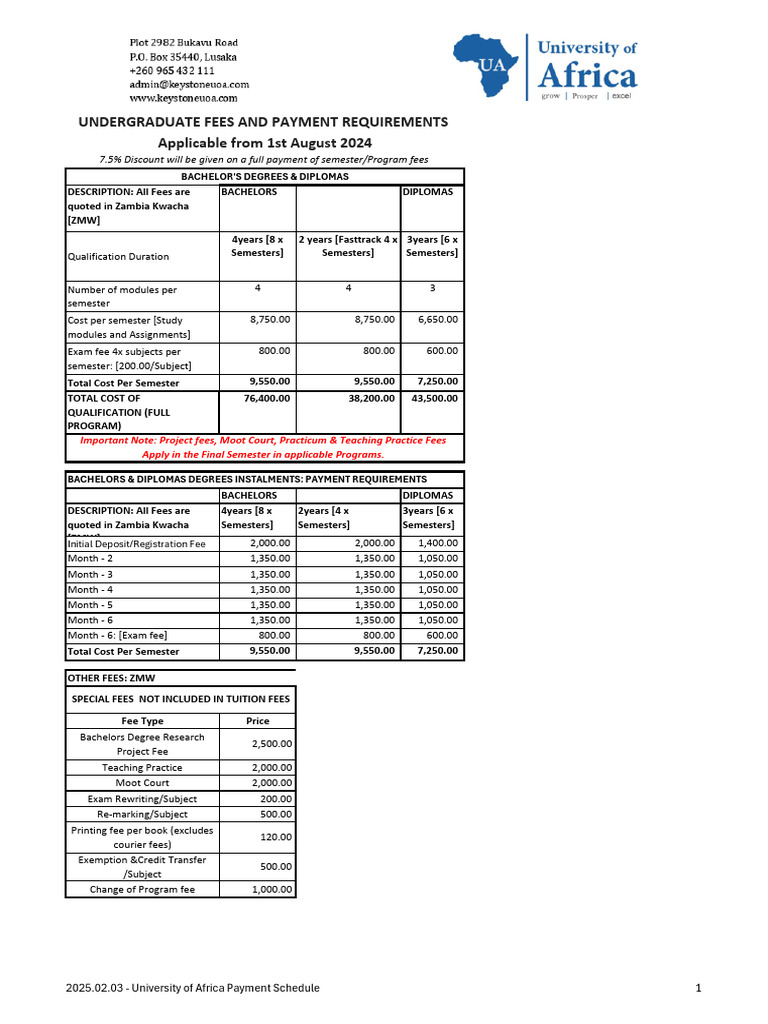 University of Africa Fee Structure 2025 | PDF | Payments | Money