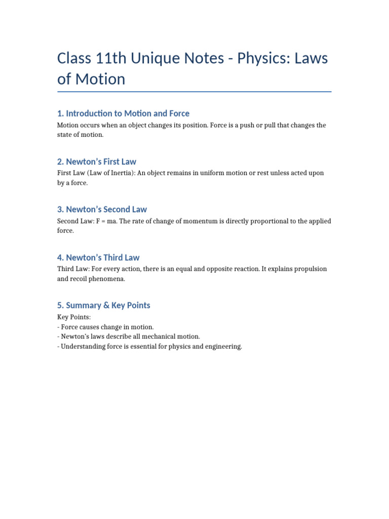 Class 11 Physics Laws of Motion Unique Notes | PDF