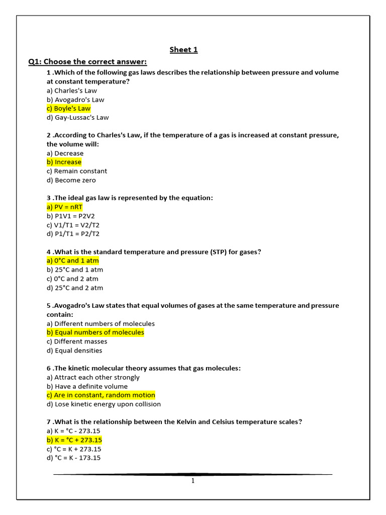 Model answer Sheet 1 (Lecture 1 Gases) | PDF | Gases | Mole (Unit)