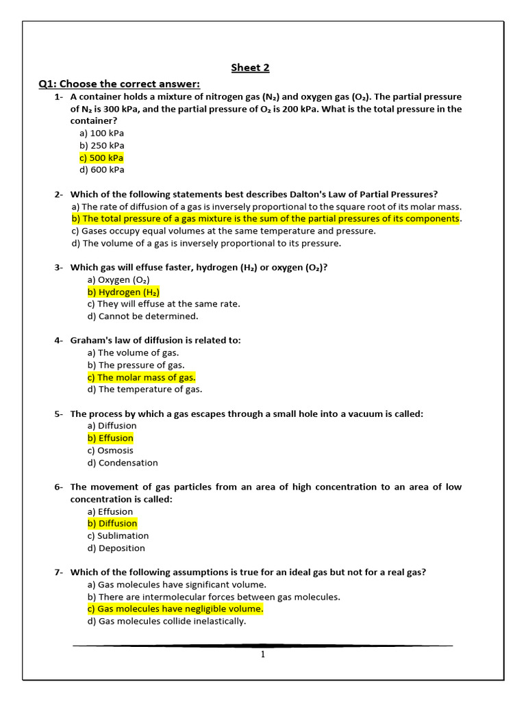 Model Answer Sheet 2 (Lecture 2 Gases) | PDF | Gases | Molecules