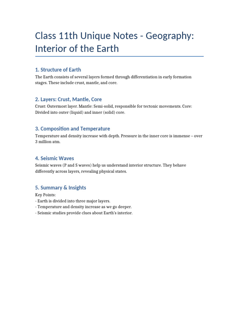 Class 11 Geography: Earth's Interior Notes | PDF