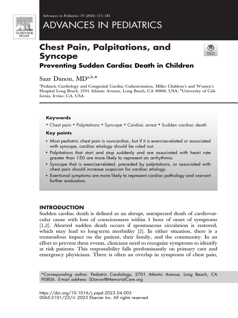 2023 Chest Pain, Palpitations, and Syncope Preventing Sudden Cardiac Death in Children | PDF ...