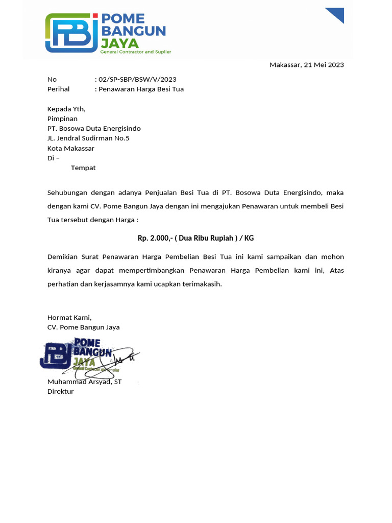 Surat Penawaran Besi Tua | PDF
