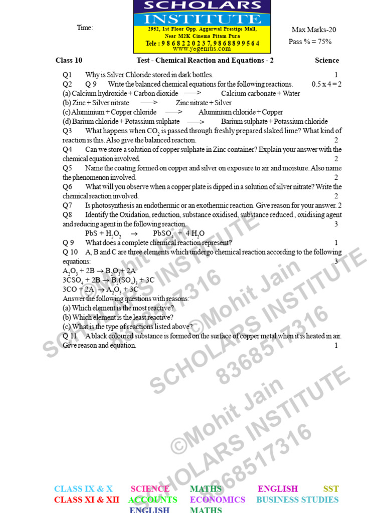 Chemical Reactions and Equations Test | PDF | Redox | Chemical Reactions