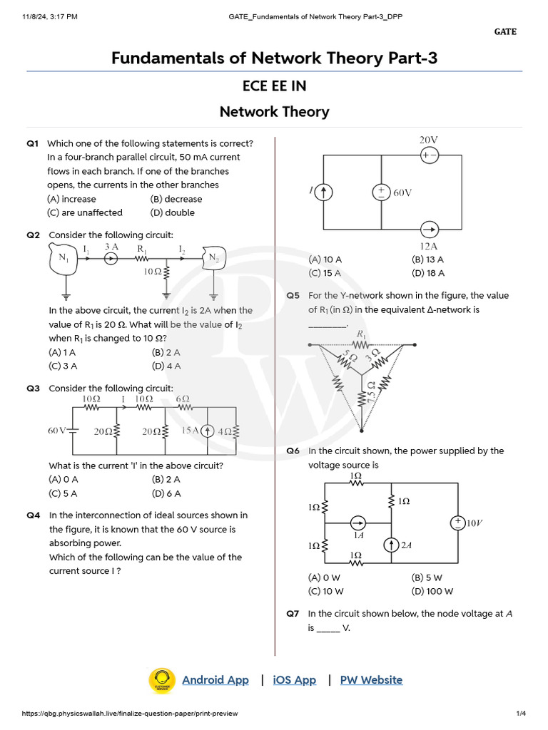Fundamentals of Network Theory (Part 03) - DPP | PDF | Analog Circuits | Electronic Circuits