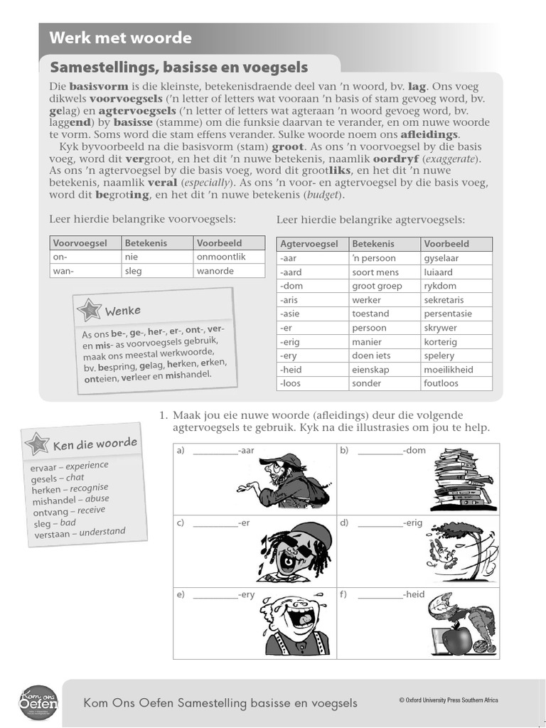 Graad 9 Afrikaans EAT Kom Ons Oefen Samestelling Basisse en Voegsels | PDF