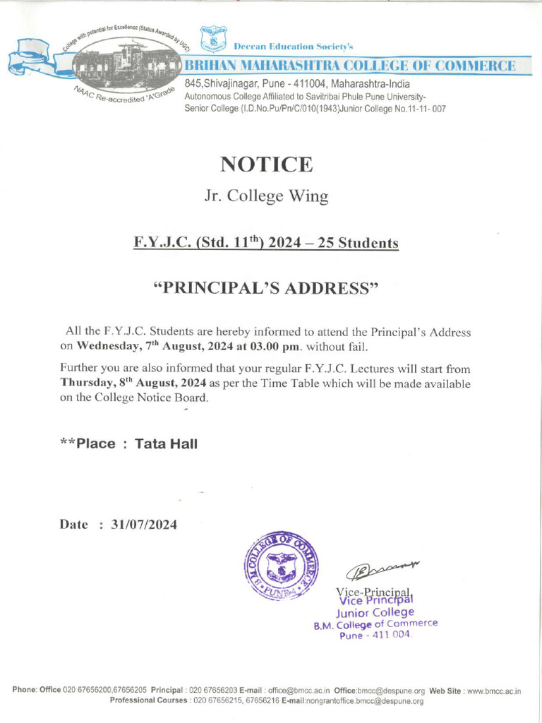 XI Academic Year Start Notice - 2024 25. | PDF