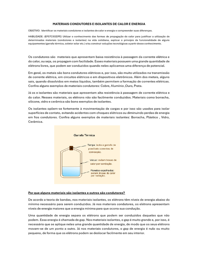 Aula 1 - Materiais Condutores e Isolantes de Calor e Eletricidade | PDF ...