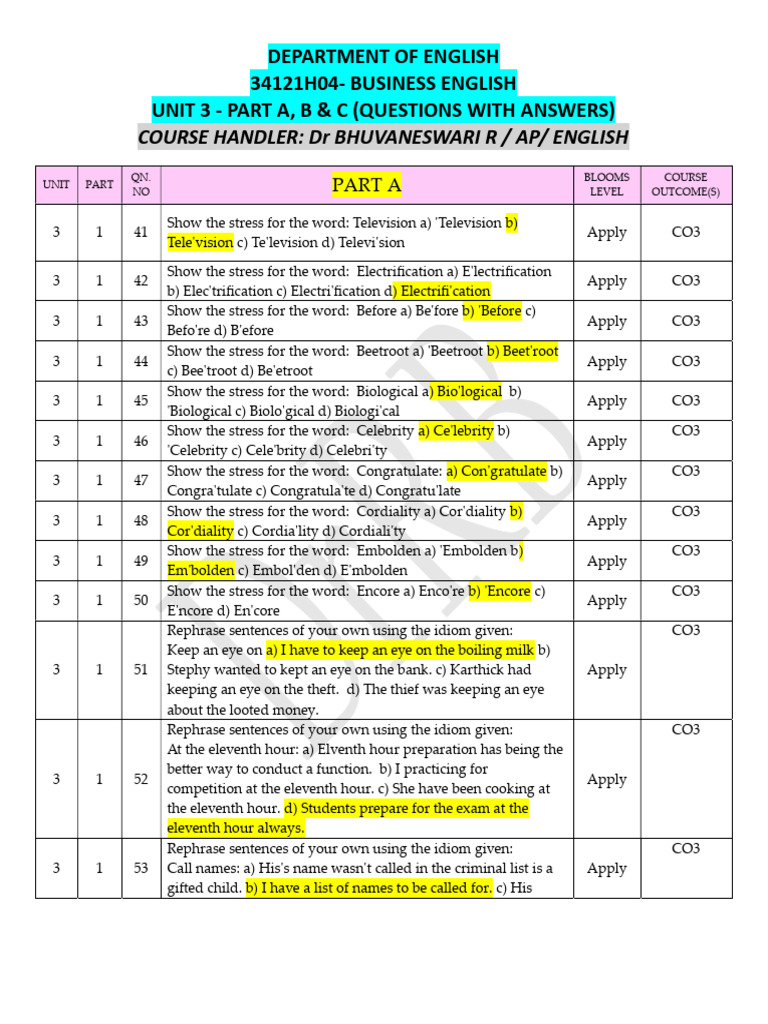 Unit 3 QB Ans Business English | PDF | Empathy | Novels