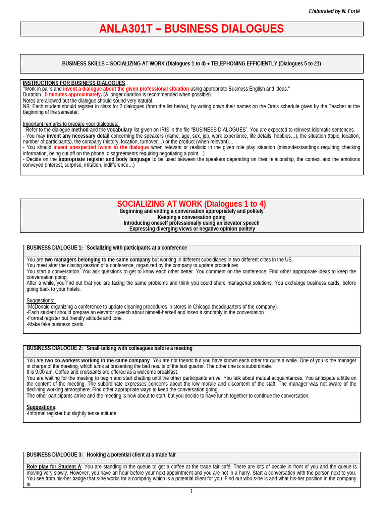 1 - Anla301 Business Dialogues Role Plays (Student Handout) | PDF ...
