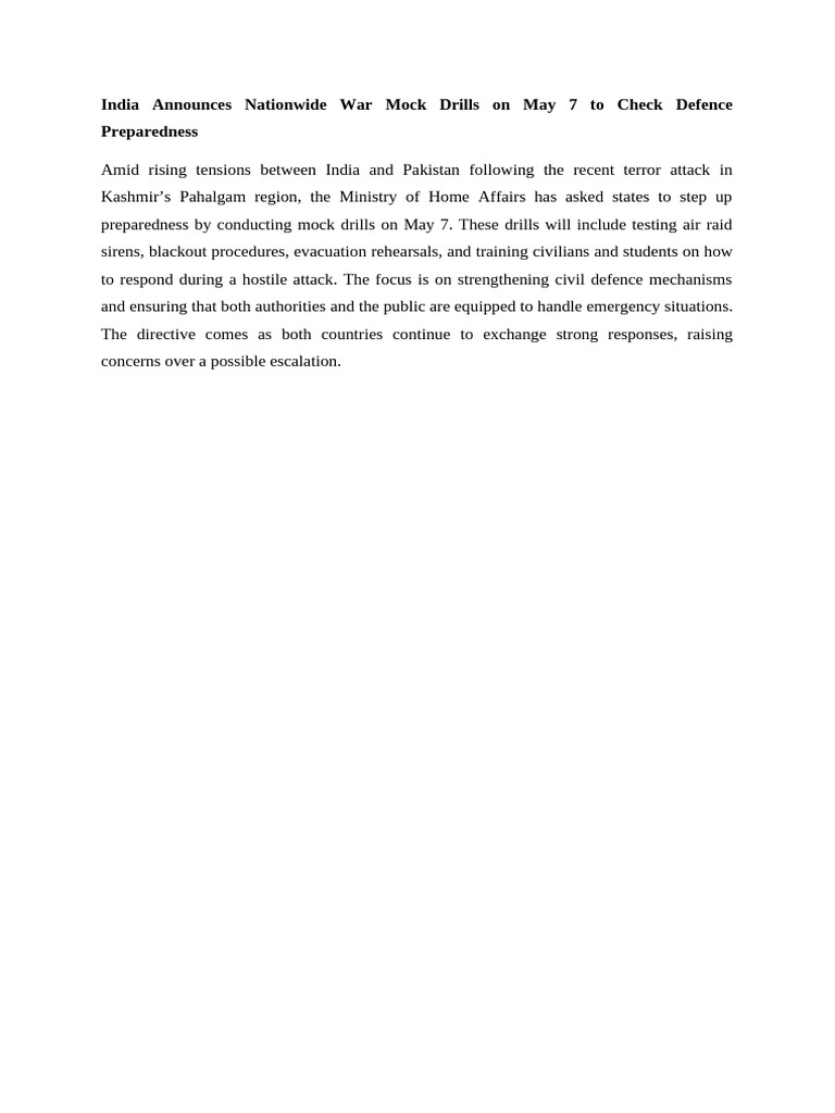 India Announces War Mock Drills Across The Country On 7th May | PDF