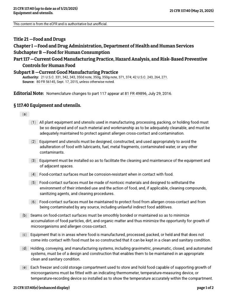 Equipment Standards in 21 CFR 117.40 | PDF | Materials