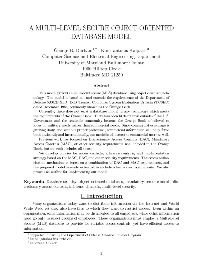 Durham and Kalpakis - A MULTI{LEVEL SECURE OBJECT-ORIENTED DATABASE MODEL | PDF | Class ...