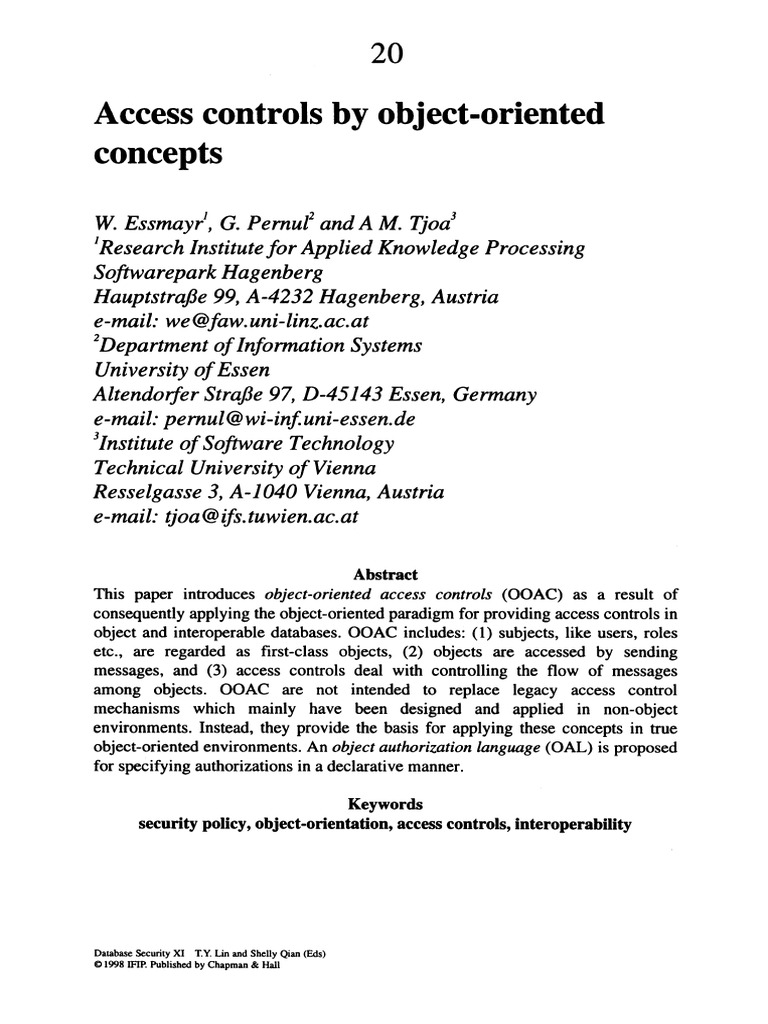 Essmayr Et Al. - 1998 - Access Controls by Object-Oriented Concepts | PDF | Object Oriented ...