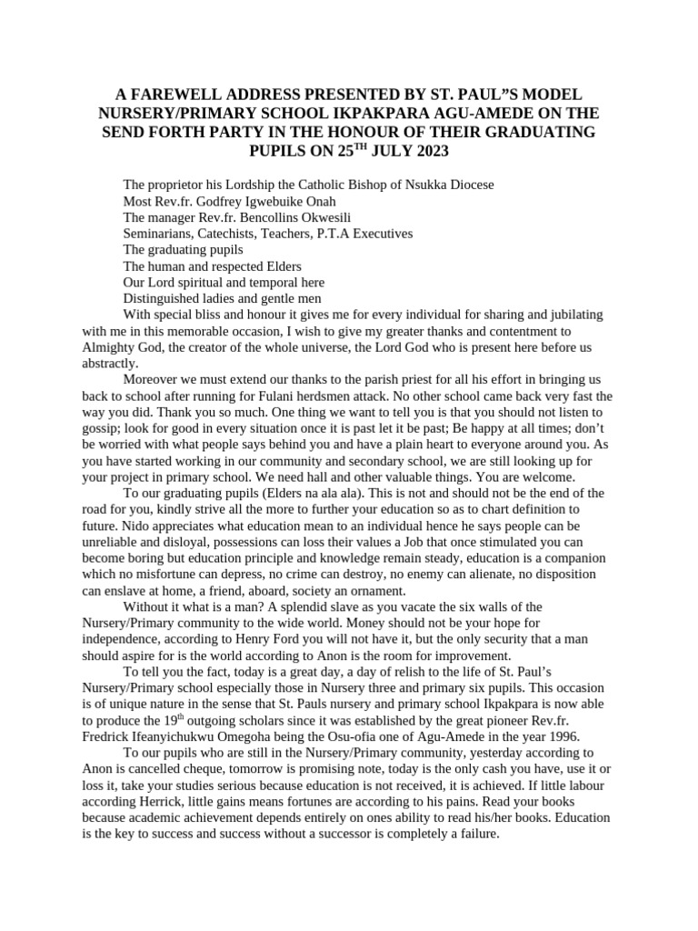 Farewell Speech for Graduating Pupils | PDF