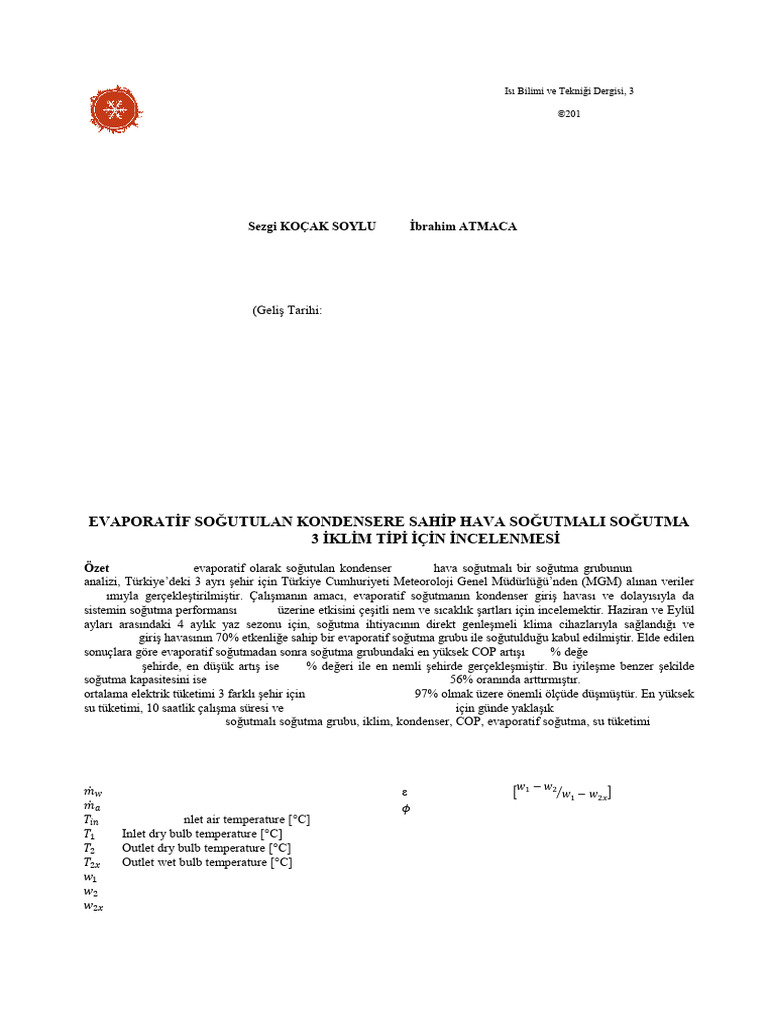 Evaporatif So__utulan Kondensere Sahip Hava So__utmal__ So__utma Grubunun 3 __klim Tipi i__in ...