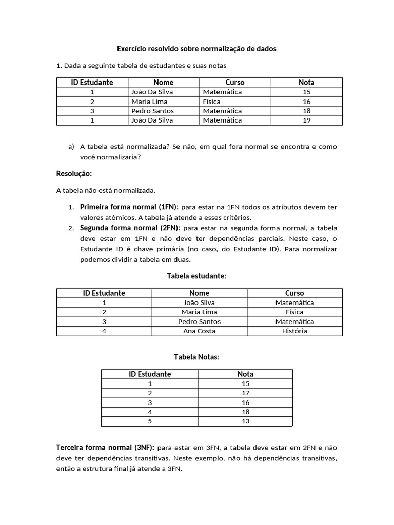 Exercicio Resolvido Sobre Normalização de Dados | PDF