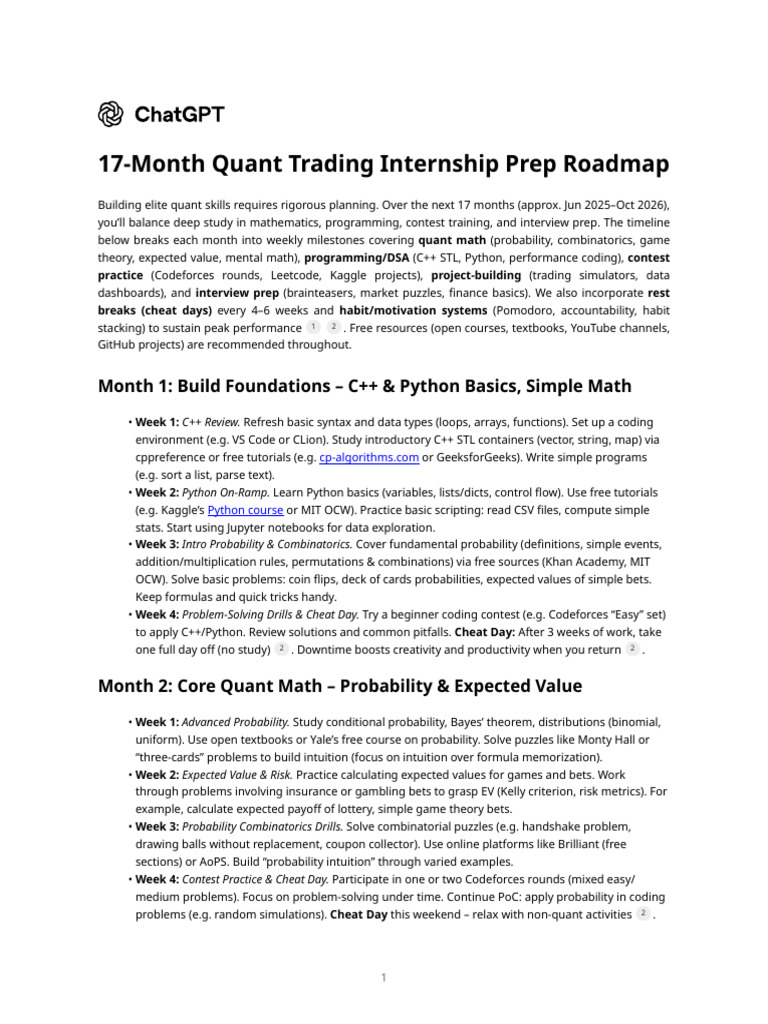 17-Month Quant Trading Internship Prep Roadmap | PDF | Mathematics ...