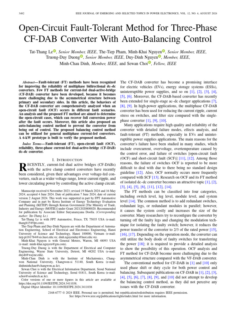 Open-Circuit Fault-Tolerant Method For Three-Phase CF-DAB Converter With Auto-Balancing Control ...