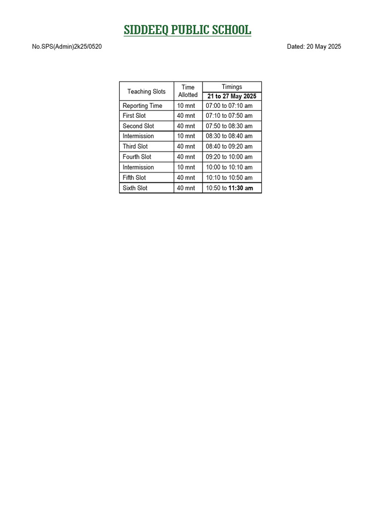 SPS-School Timings (21 To 27 May 2025) | PDF