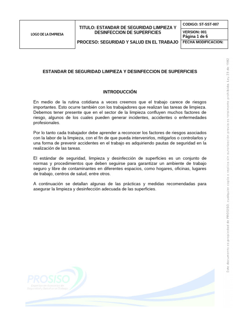 ST-SST-007 Estandar de Seguridad Limpieza y Desinfeccion de Superficies en Areas de Producción ...