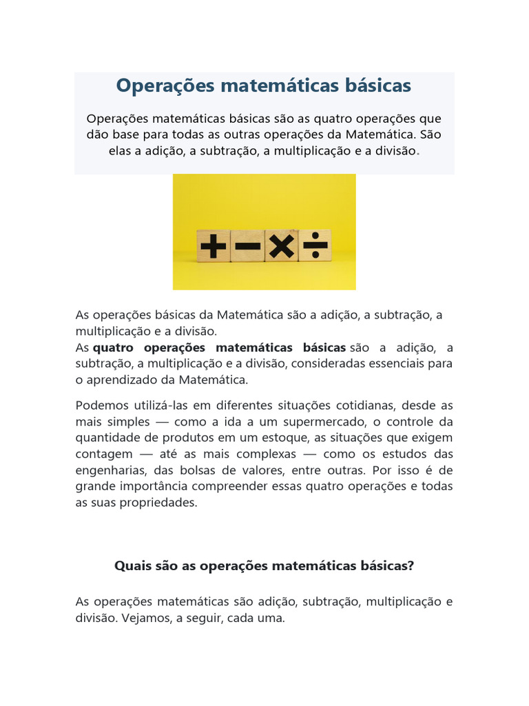 Operações Matemáticas Básicas: Guia Completo | PDF | Números ...