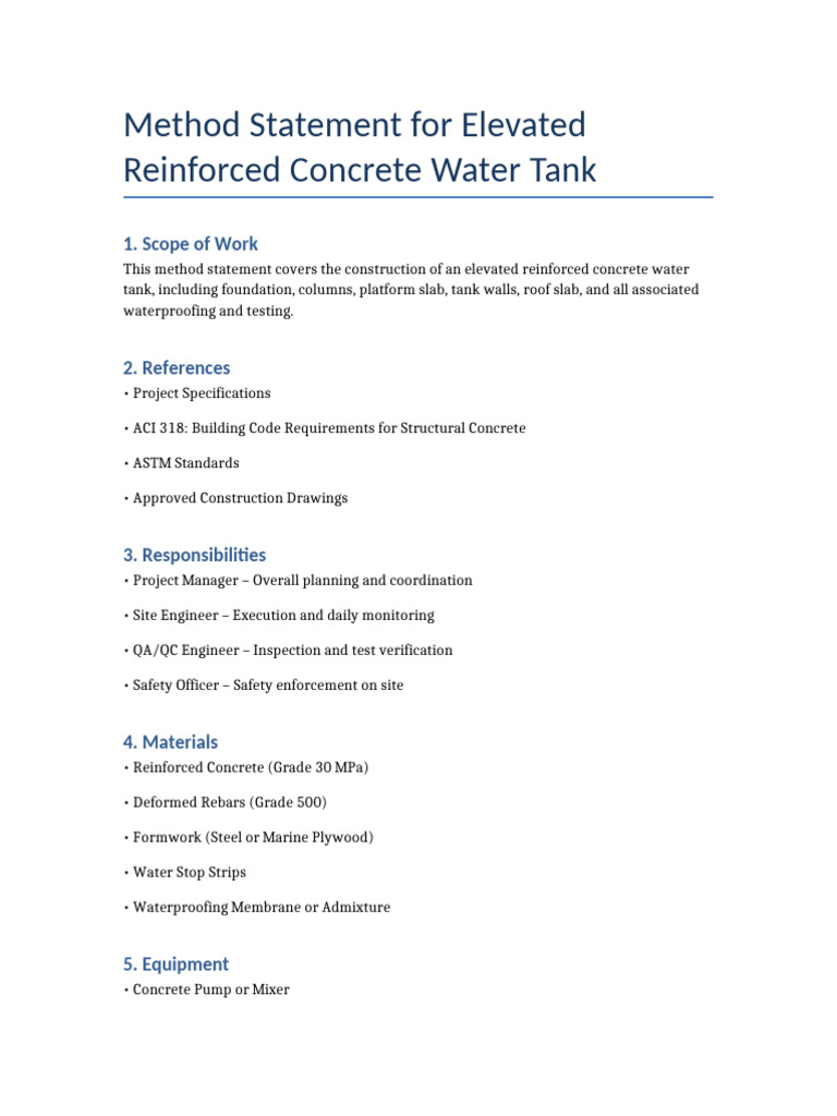 Elevated Concrete Water Tank Method Statement | PDF