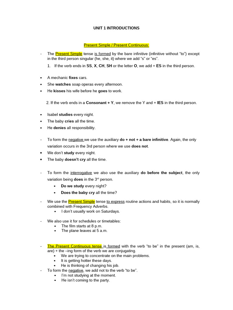 Unit 1 Present Simple Continuous | PDF | Verb | Grammatical Tense