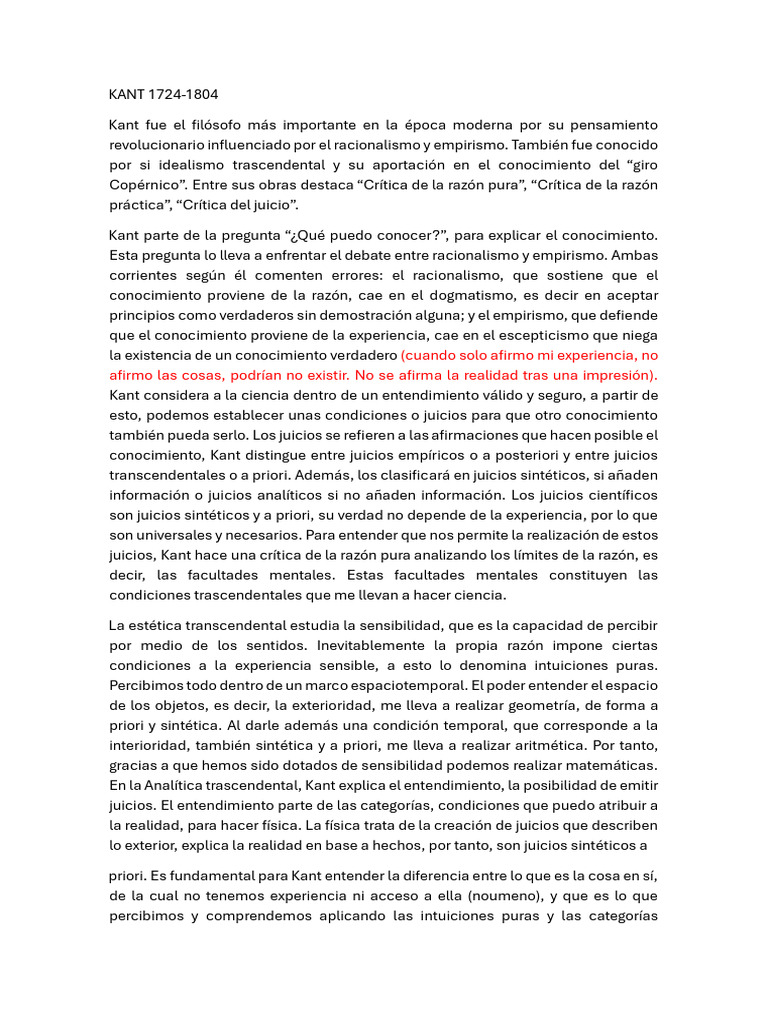 Resumen Kant Filosofia | PDF | Immanuel Kant | Empirismo