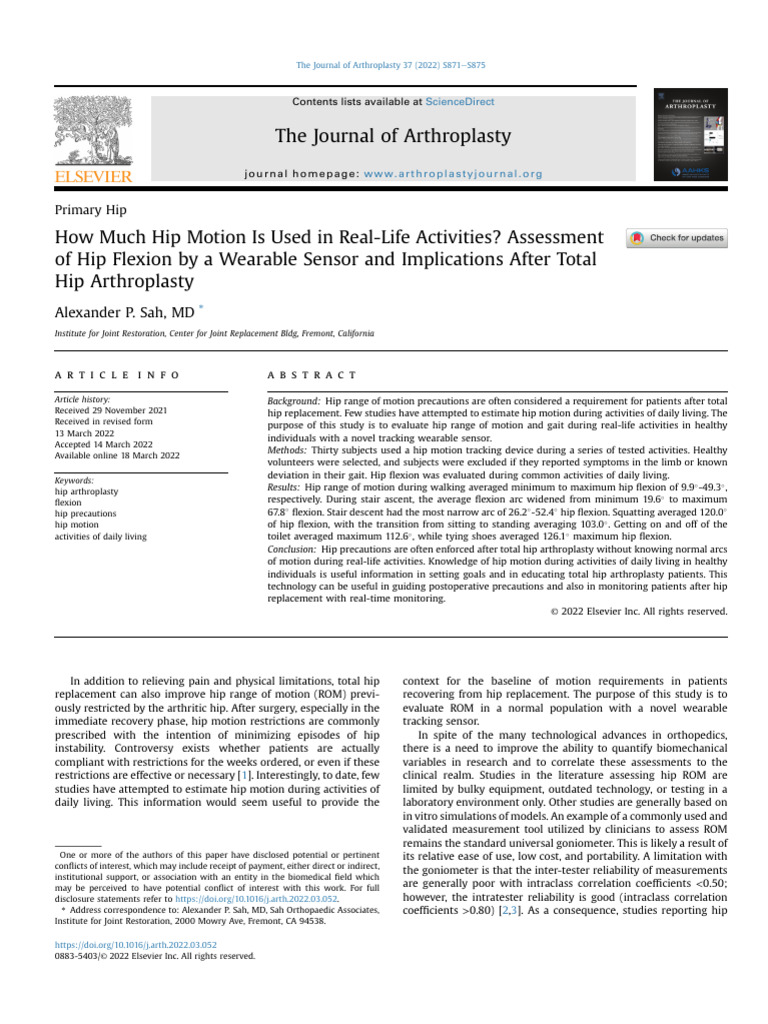 Hip Motion in Daily Activities Post-Arthroplasty | PDF | Prosthesis ...