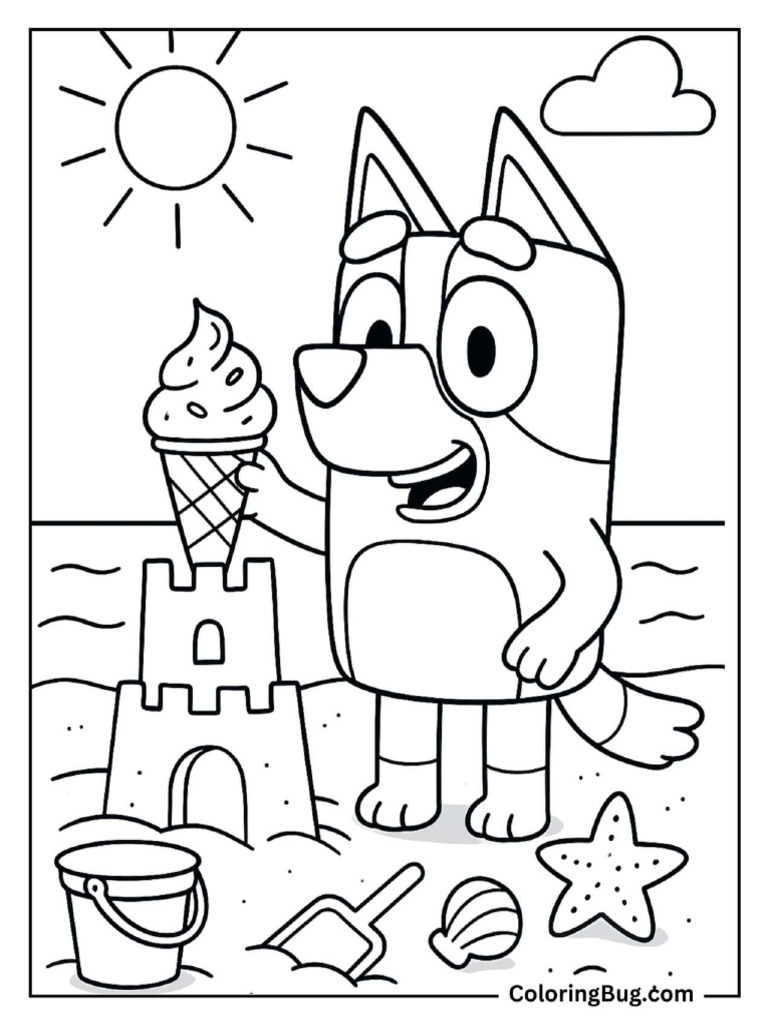 Bluey Eating Ice Cream and Making Sand Castles Coloring Page | PDF