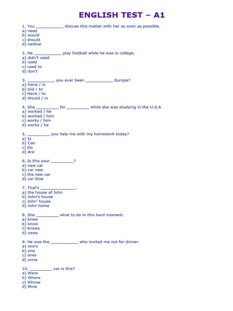 English Test A1 | PDF