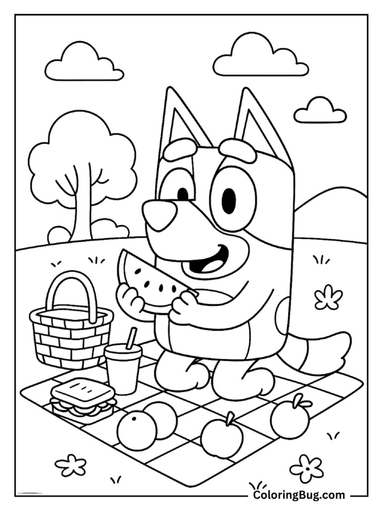 Bluey Having A Fruity Picnic Coloring Page | PDF