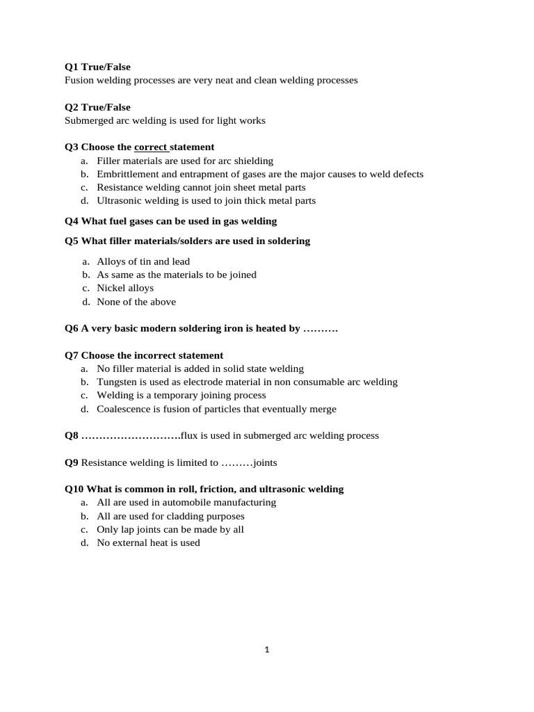 Welding Processes: True/False Quiz | PDF
