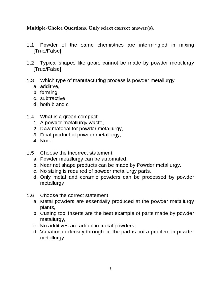 MANMIB1 MCQ Powder Metallurgy | PDF