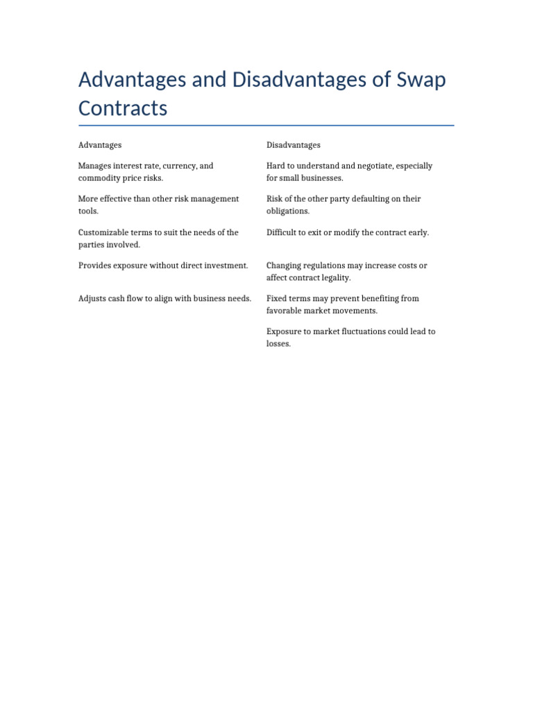 Swap Contracts Advantages Disadvantages Table | PDF
