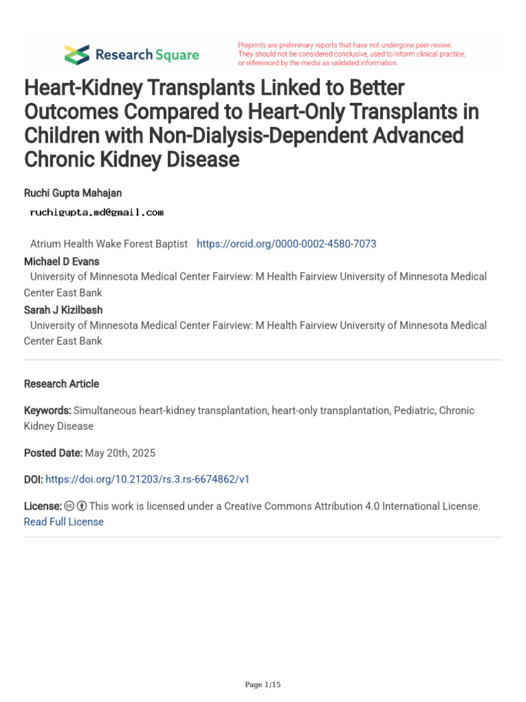 Heart-Kidney vs. Heart-Only Transplants in Kids | PDF | Chronic Kidney ...