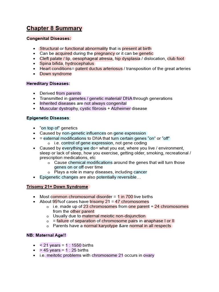 Genetic & Paeds Diseases Summary | PDF | Genetic Disorder | Down Syndrome