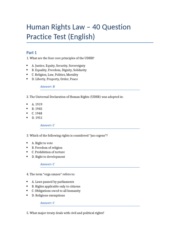 Human Rights Test 40 Questions | PDF | Human Rights | Treaty