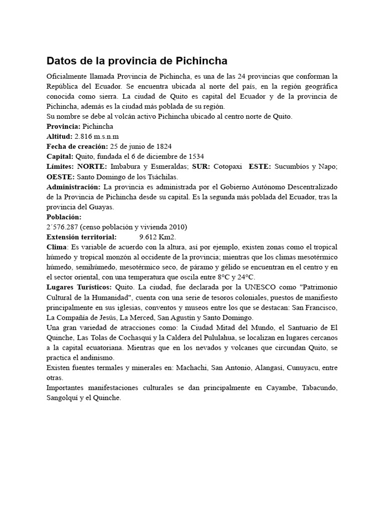 Datos de La Provincia de Pichincha | PDF