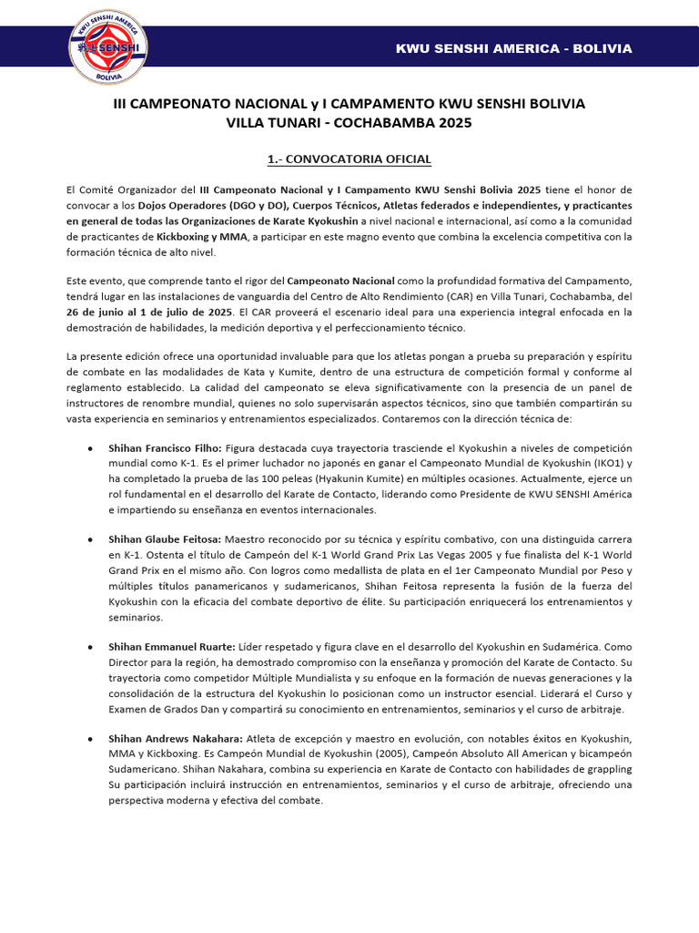 III CAMPEONATO NACIONAL Y I CAMPAMENTO KWU SENSHI BOLIVIA | PDF | Kárate | Kata